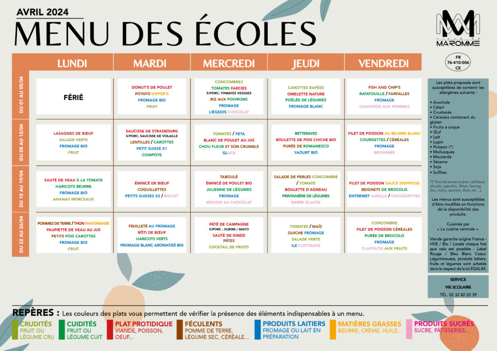 Menus des Écoles et des Crèches – Avril 2024 – Ville de Maromme